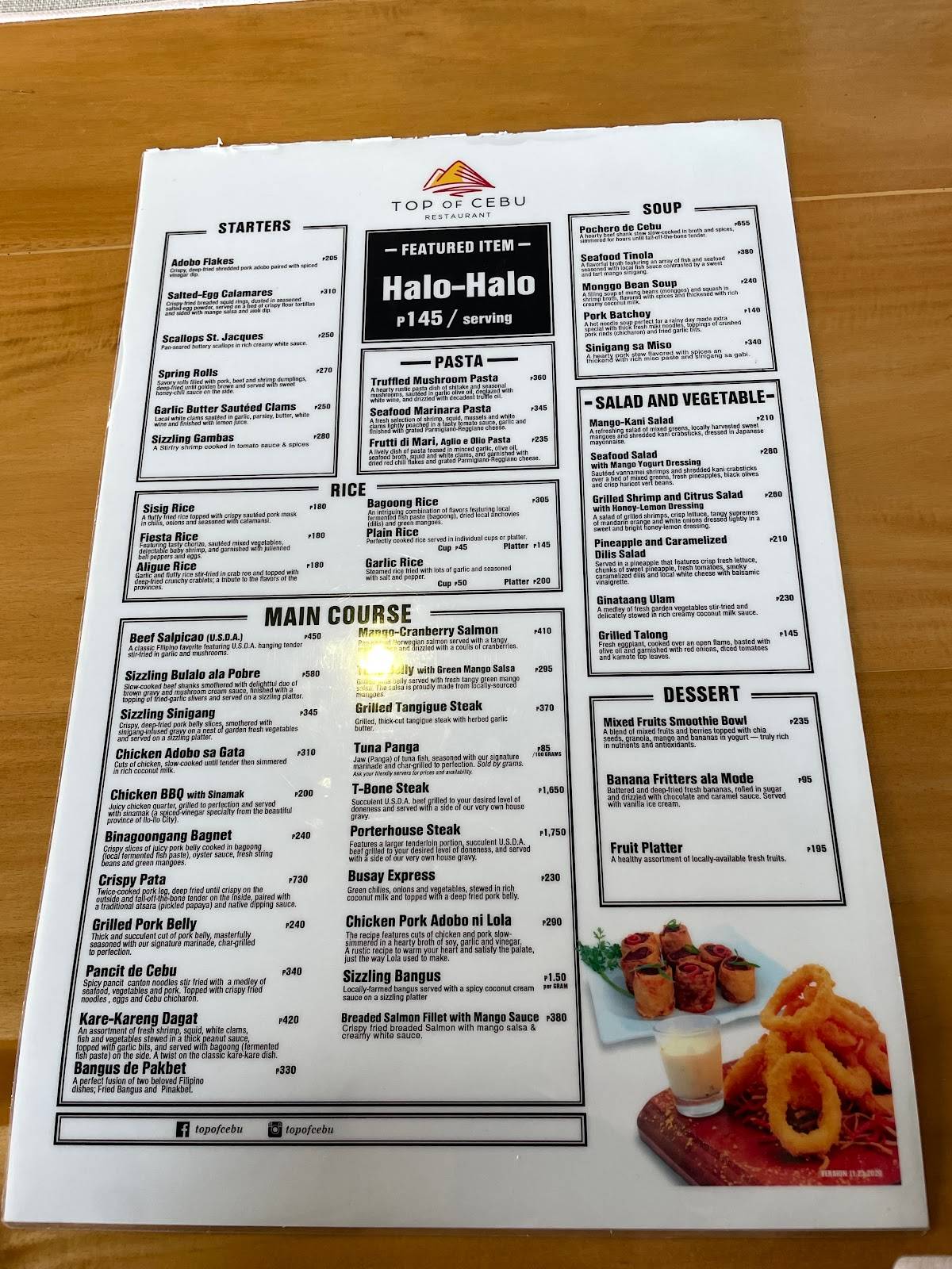 Menu at Top of Cebu restaurant, Cebu City