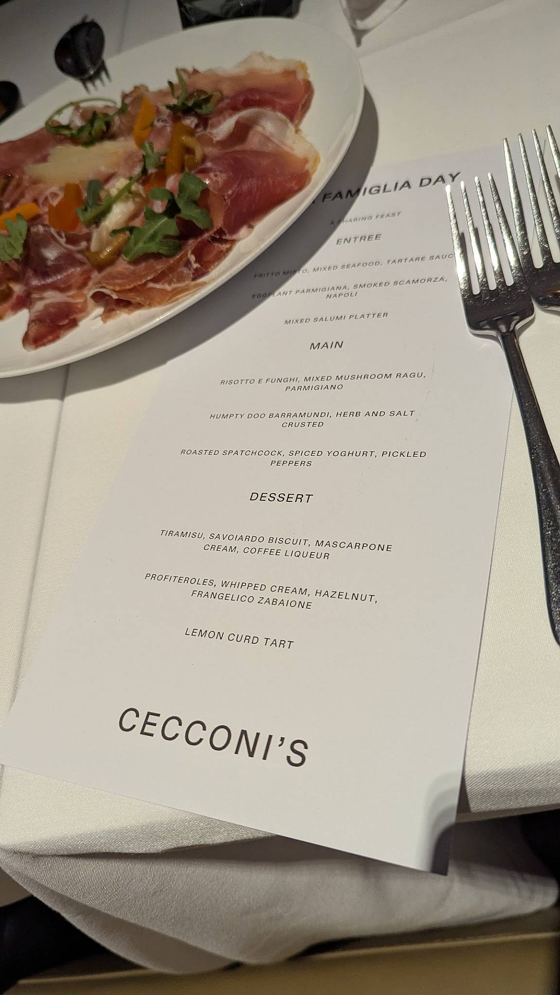 Menu at Cecconi’s Toorak restaurant, Toorak