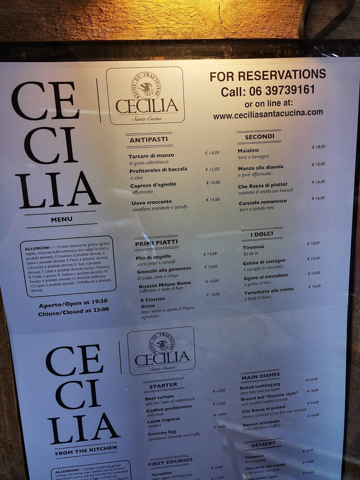 Menu au Cecilia Santa Cucina pub et bar, Rome