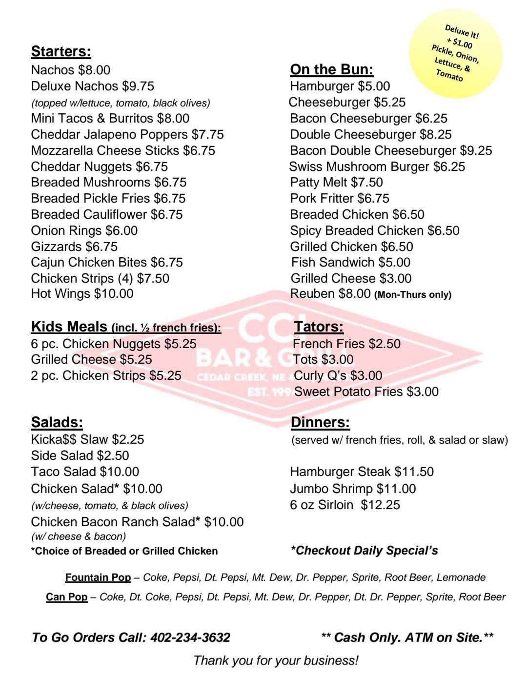 Menu at CCI Bar & Grill, Cedar Creek