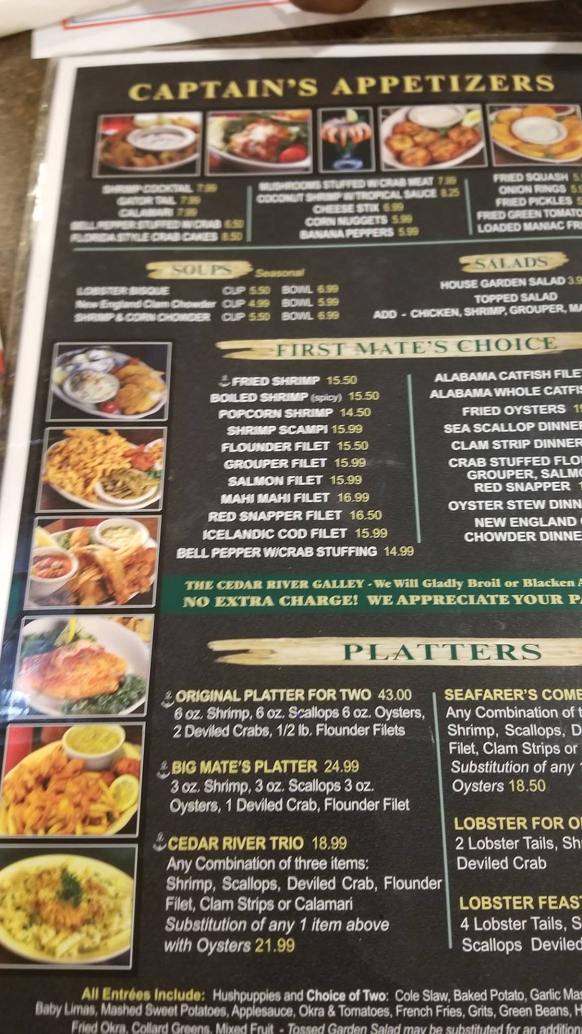 Menu at Cedar River Seafood restaurant, Fernandina Beach, Sadler Rd
