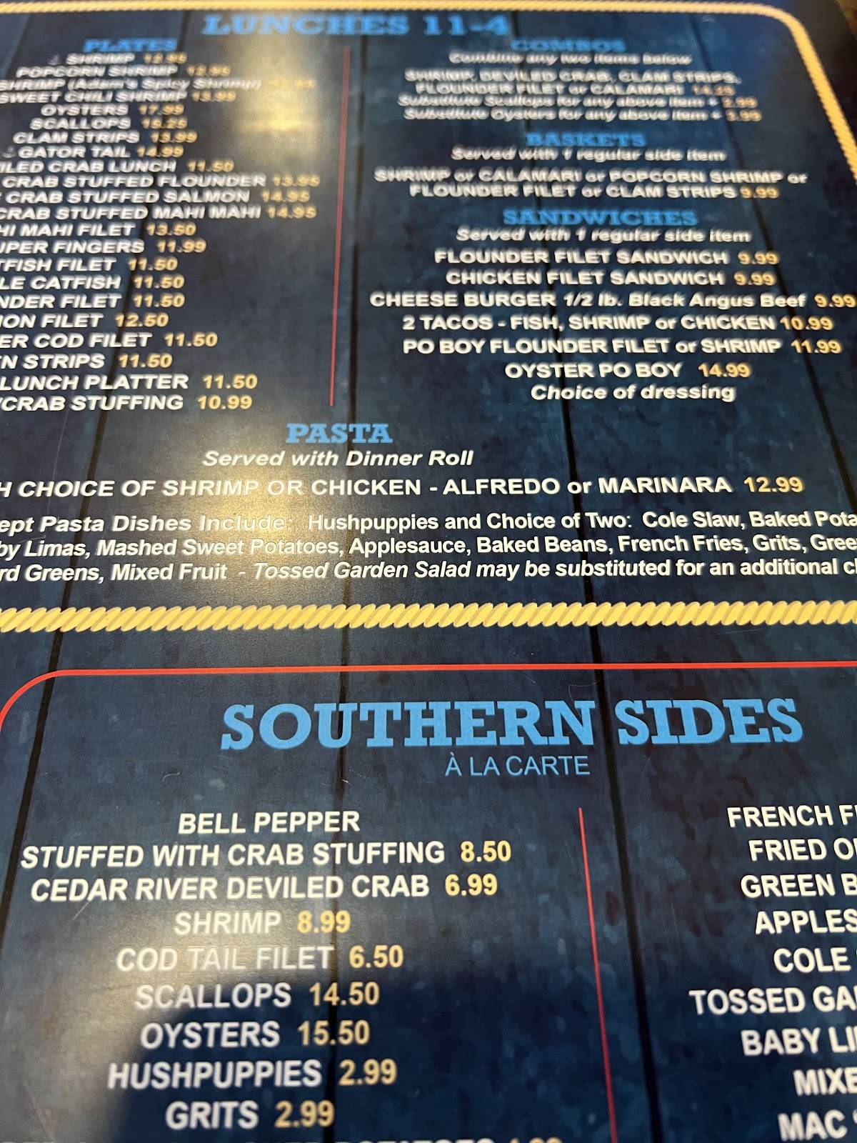 Menu at Cedar River Seafood restaurant, Fernandina Beach, Sadler Rd