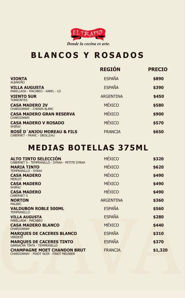Carta del restaurante El Trapío, Celaya, Boulevard Adolfo López Mateo