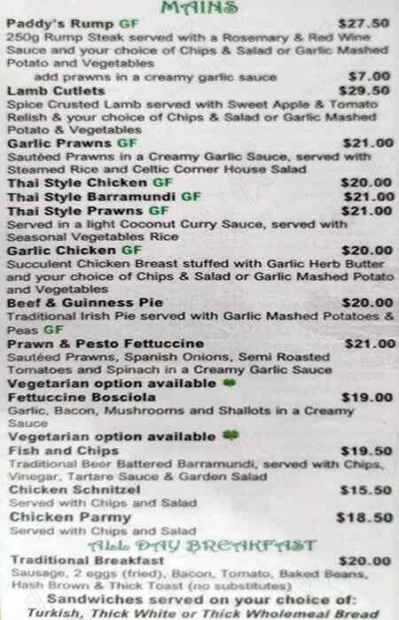 Menu at Celtic Corner Bar & Bistro, Manly
