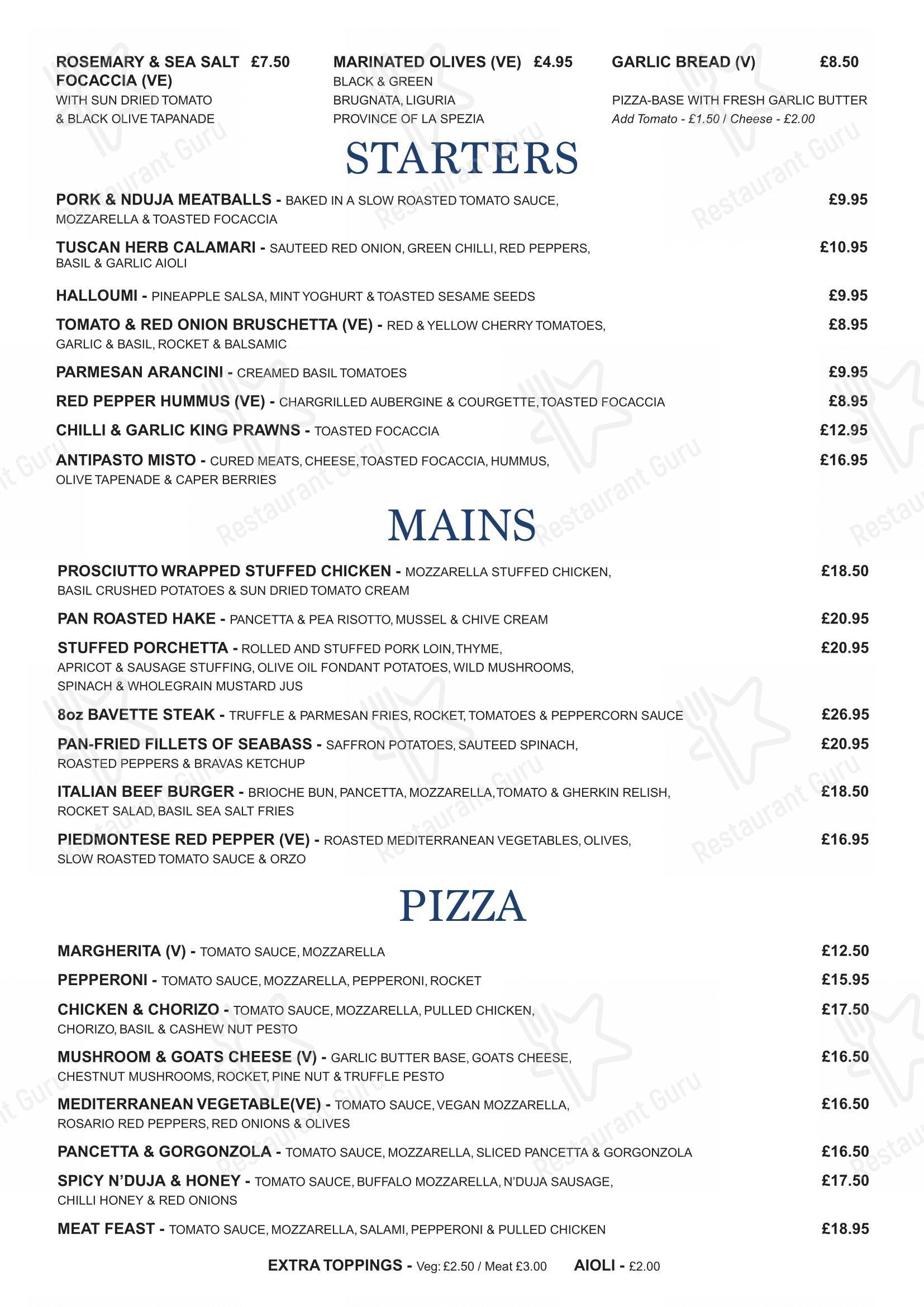 Menu at Cena Trattoria restaurant, Yarm
