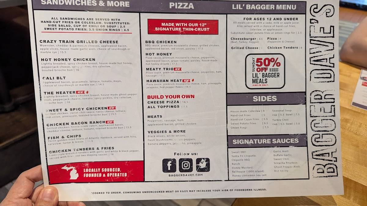 Menu at Bagger Dave's fast food, Centerville