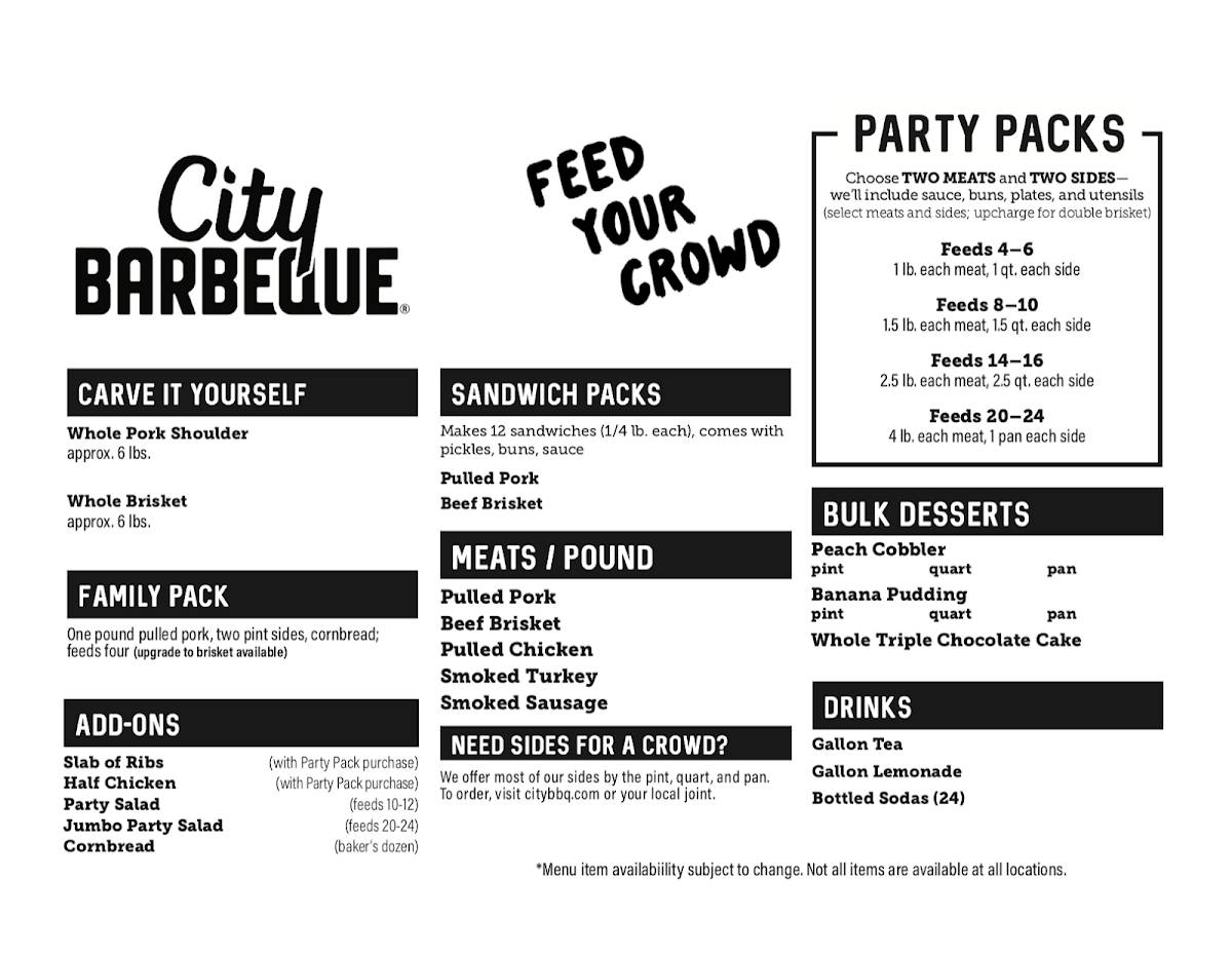 Menu at City Barbeque, Centerville, 5 E Franklin St