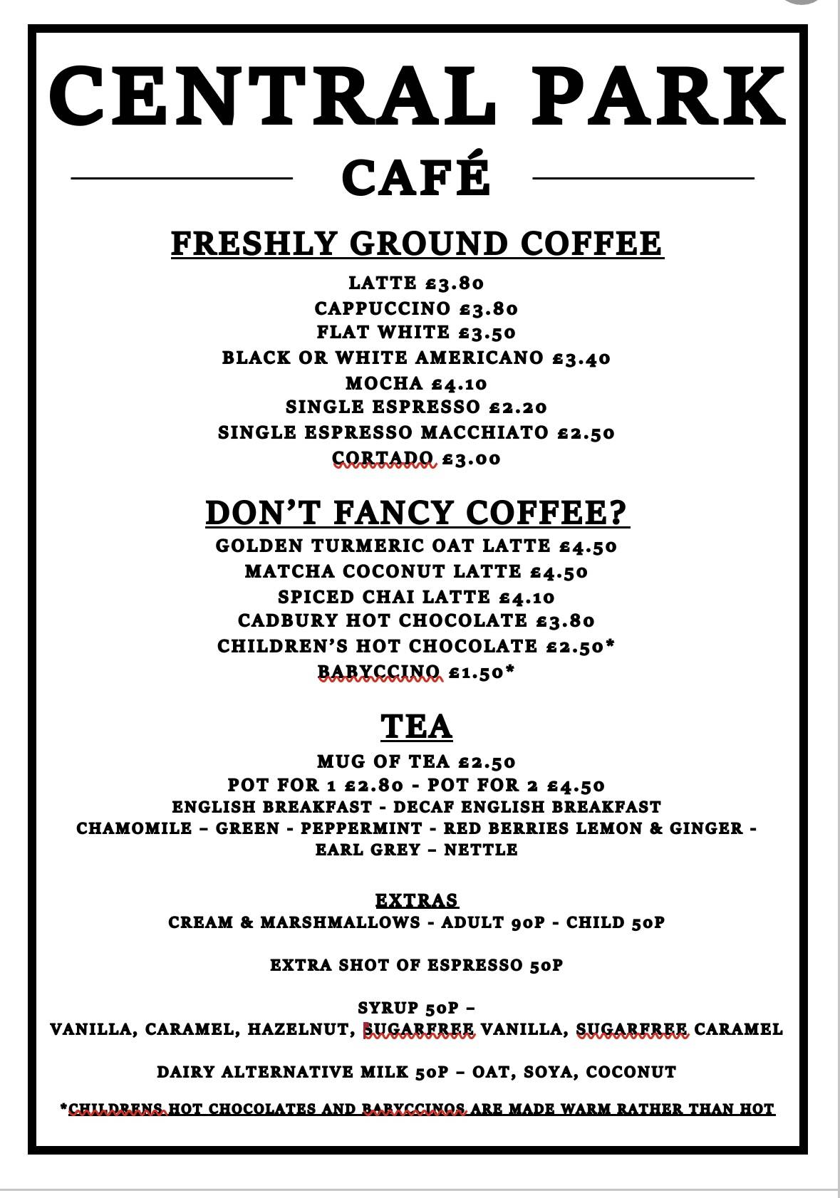 Menu at Central Park Cafe Chelmsford, Chelmsford