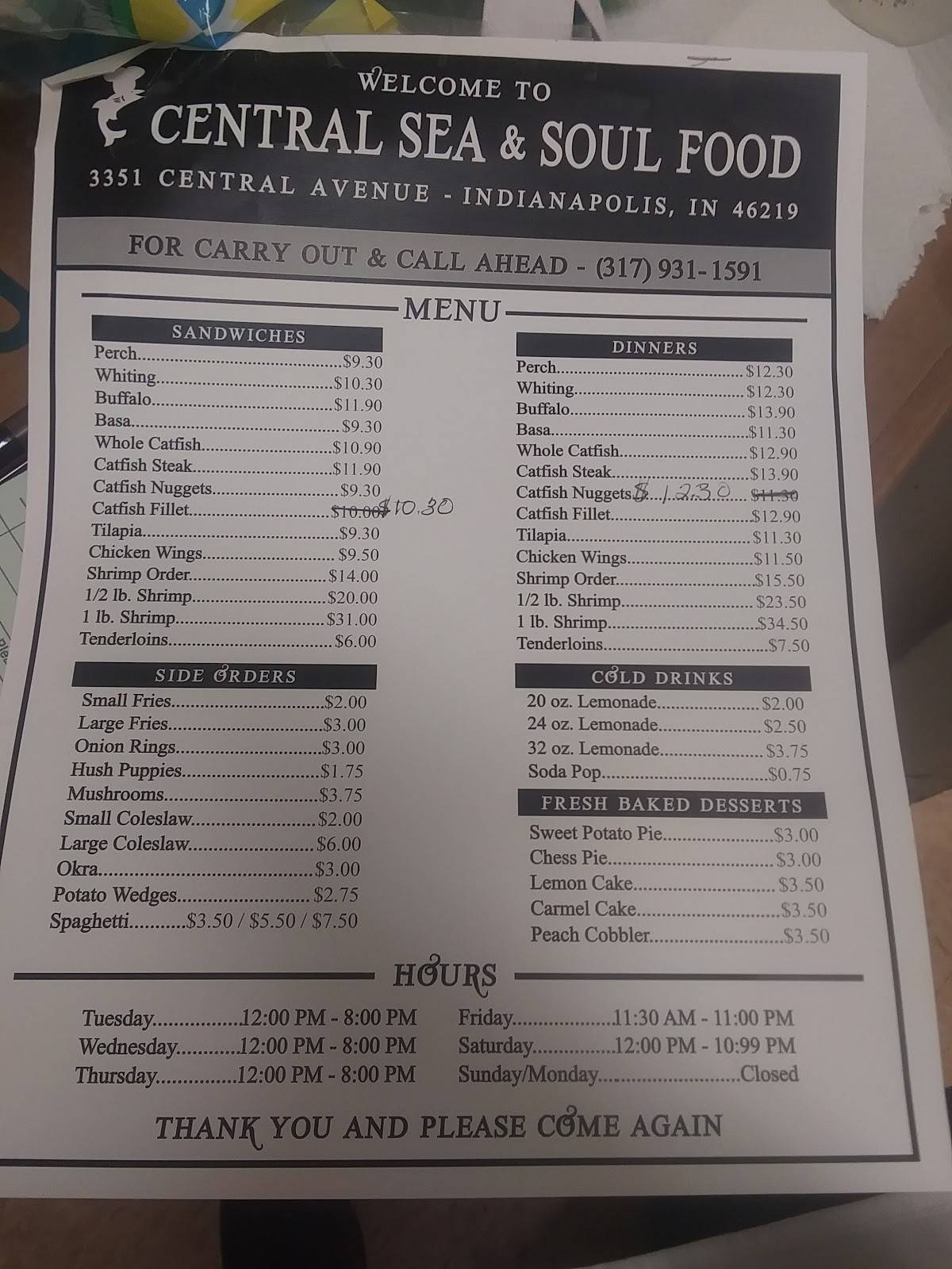 Menu at Central Sea & Soul Food restaurant, Indianapolis