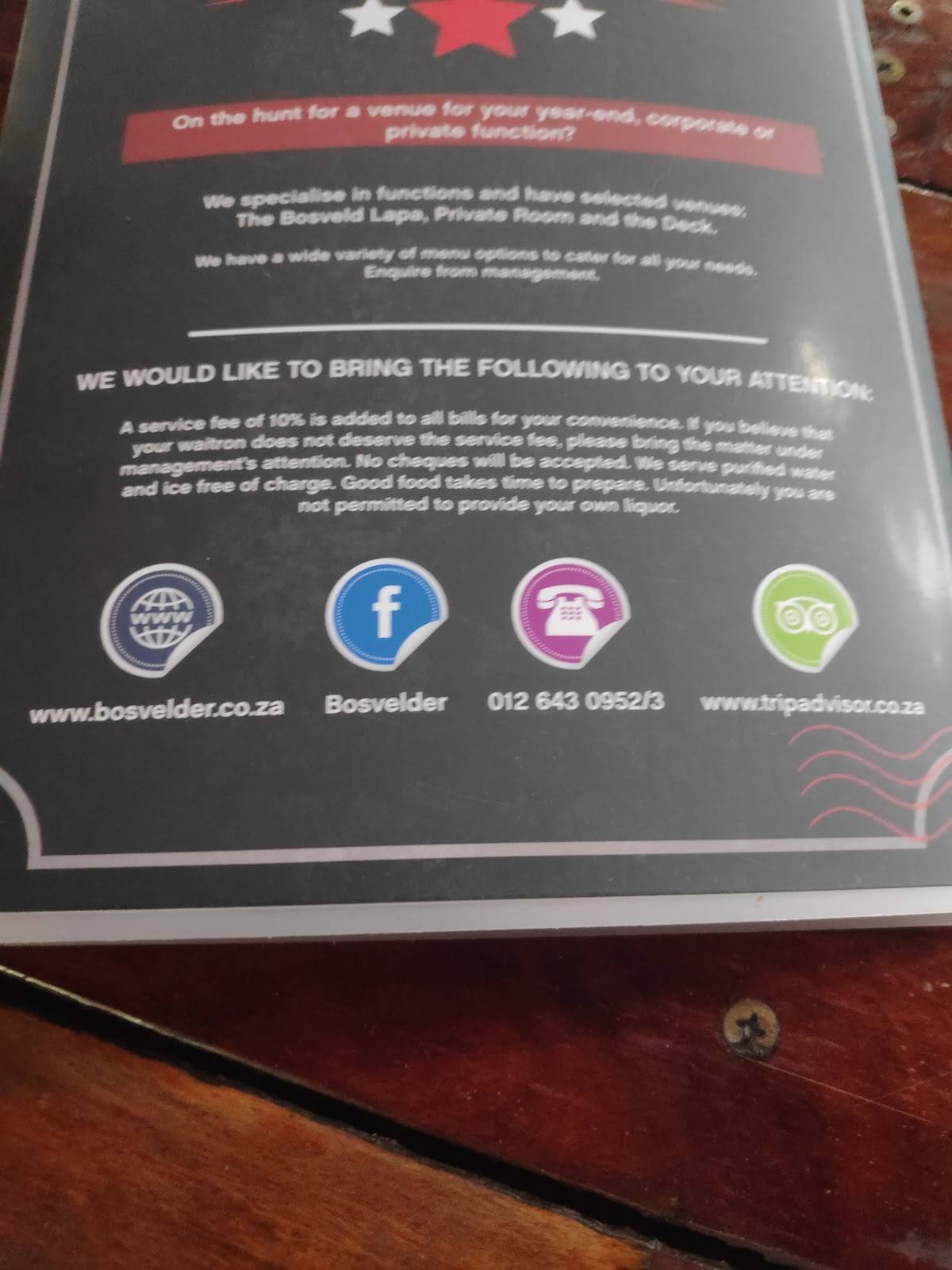 Menu at Bosvelder Pub & Restaurant, Centurion