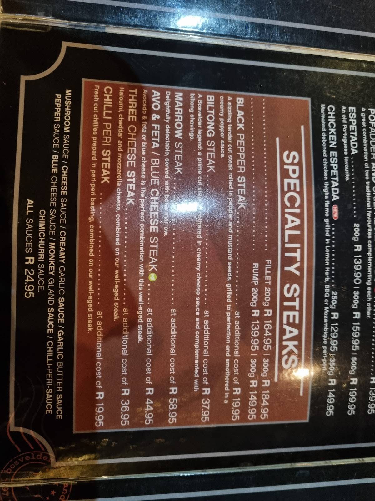 Menu at Bosvelder Pub & Restaurant, Centurion
