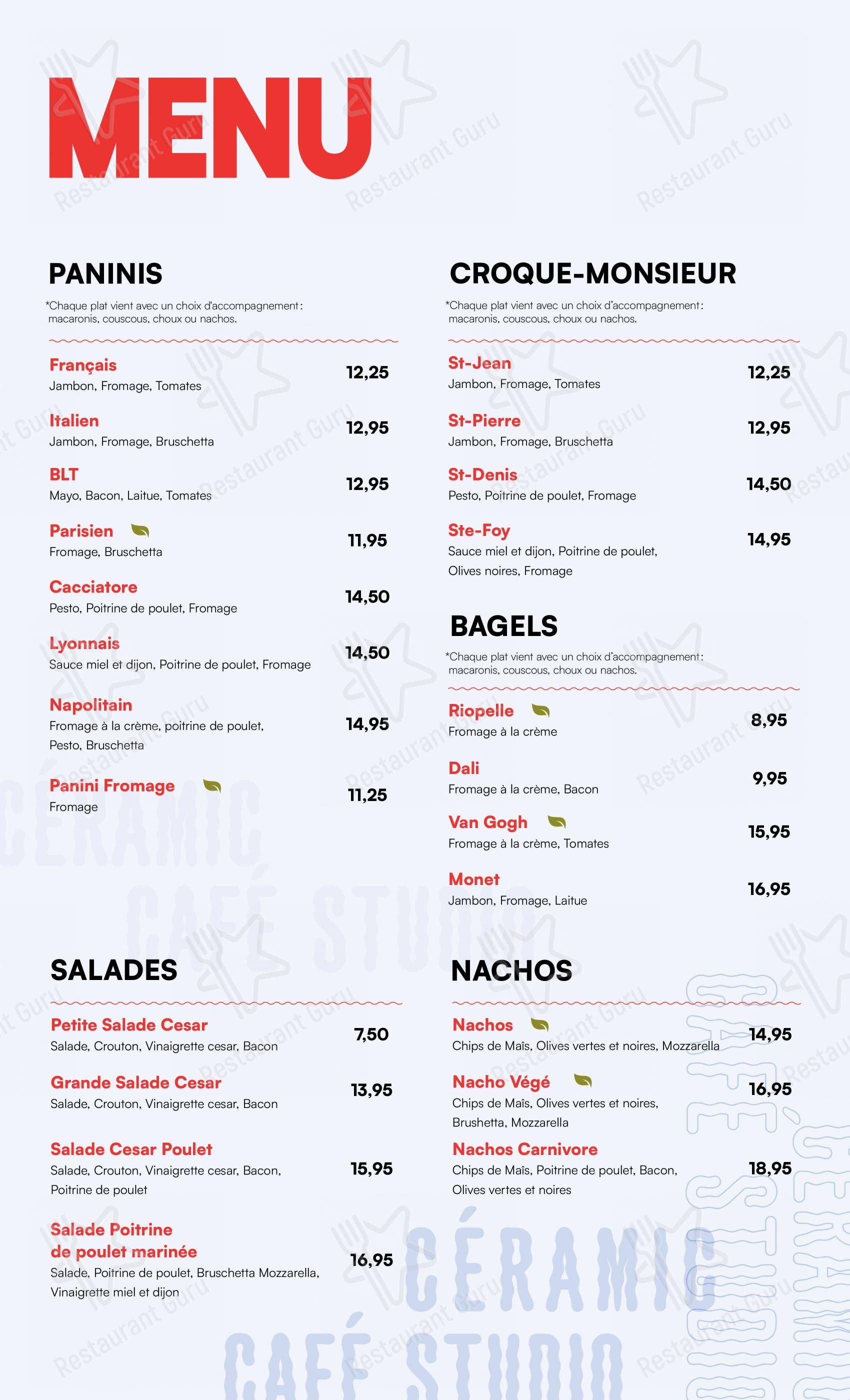 Menu au Céramic Café Studio Laval, Laval