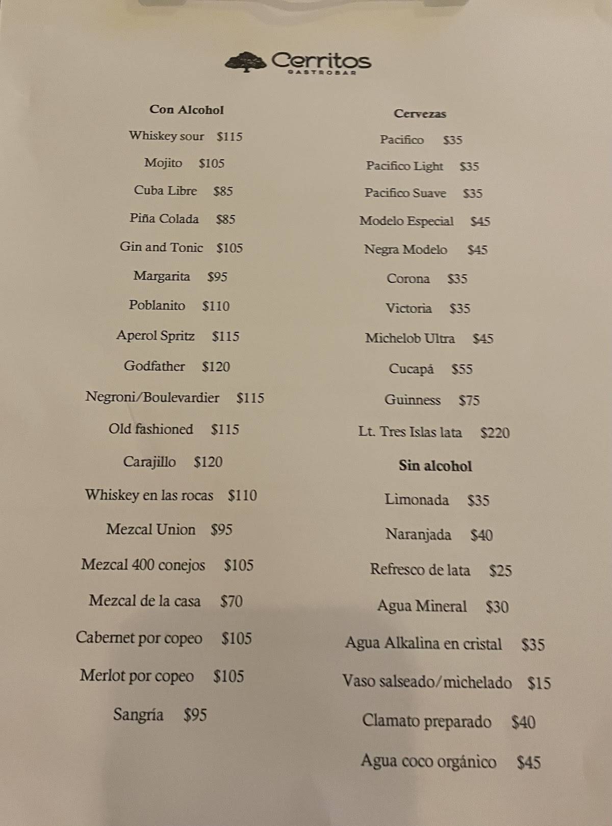 Menu at Cerritos Gastrobar, Mazatlán