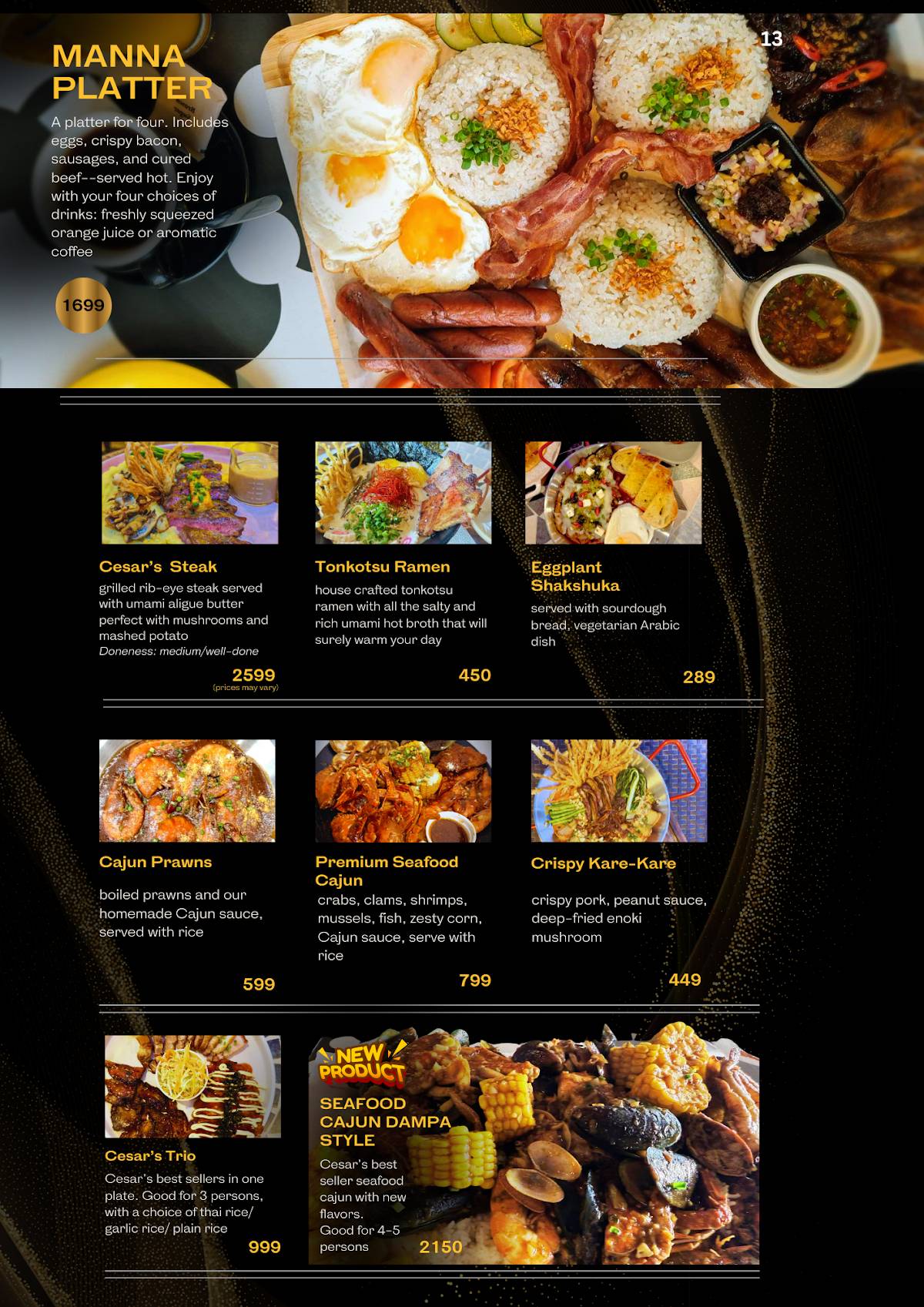 Menu at Cesar's restaurant, Legazpi City
