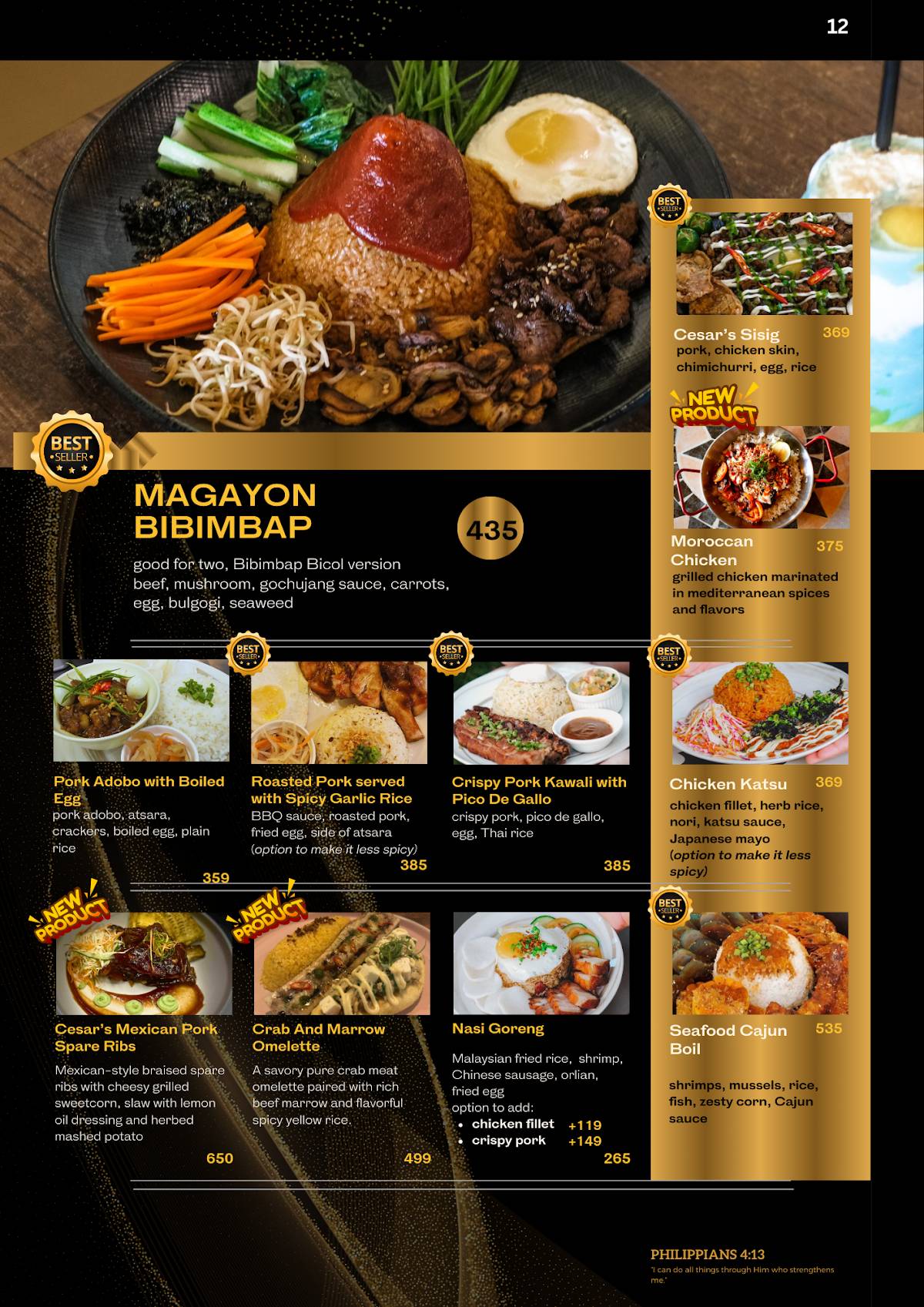 Menu at Cesar's restaurant, Legazpi City