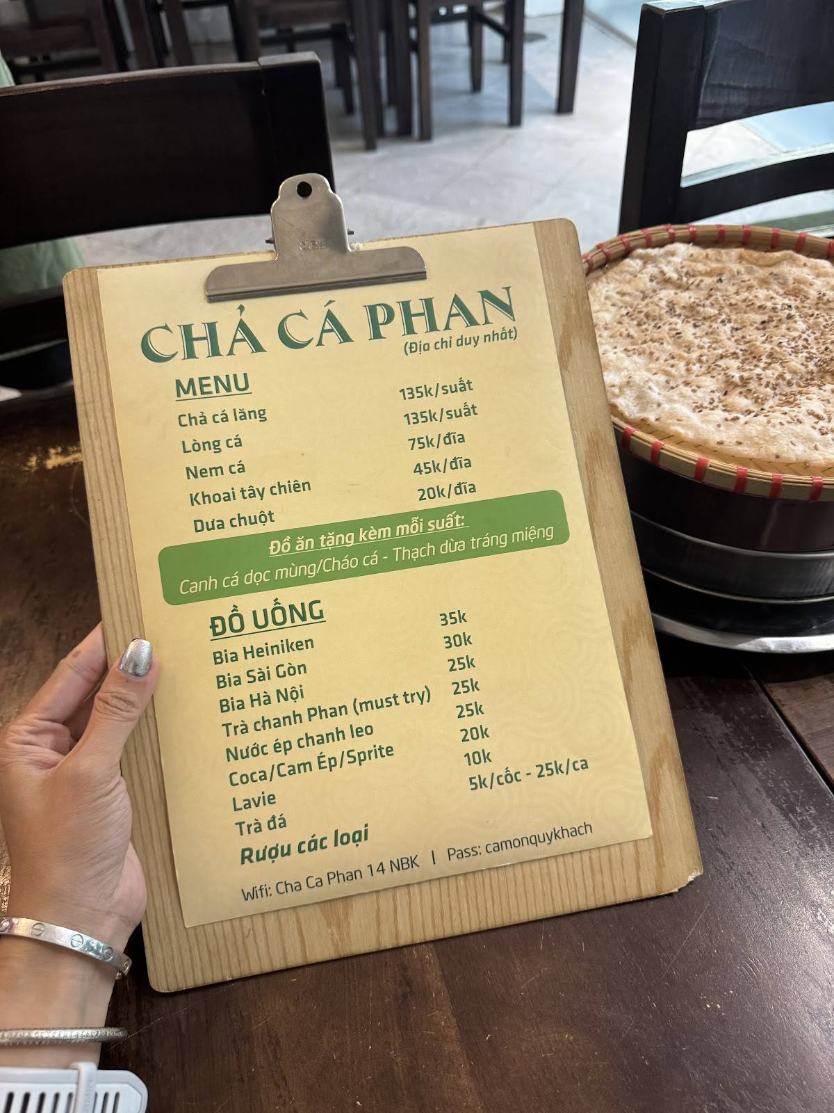 Menu at Chả Cá Phan Quán restaurant, Hanoi