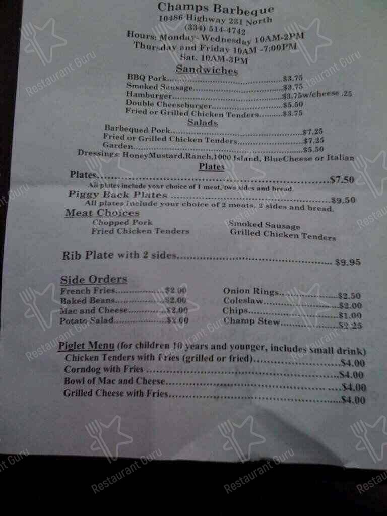 Menu at Champs Barbeque, Wetumpka