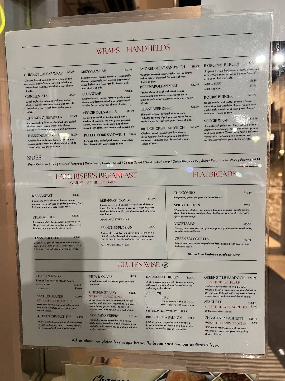 Menu at Chances R Restaurant, Ottawa