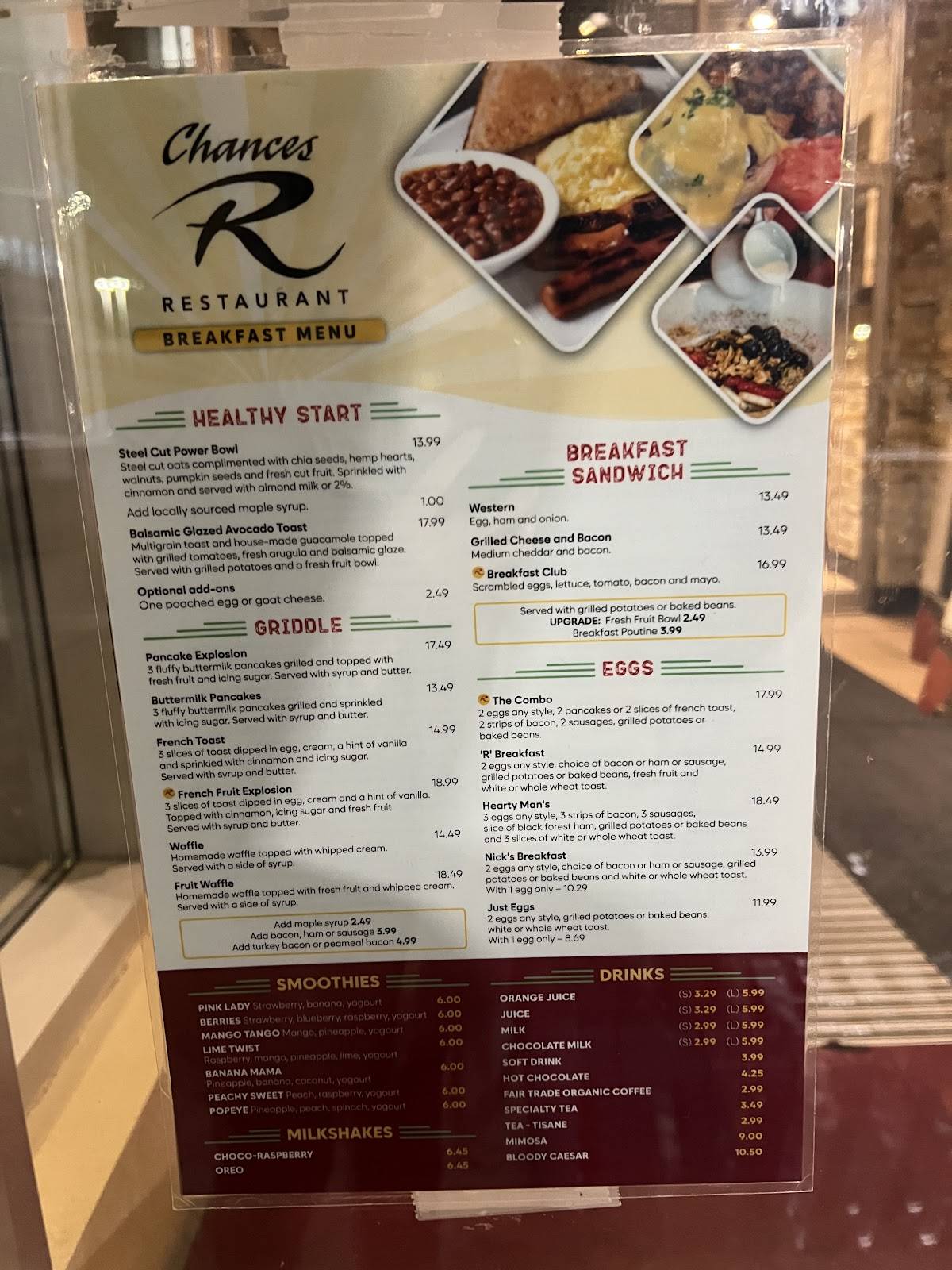 Menu at Chances R Restaurant, Ottawa