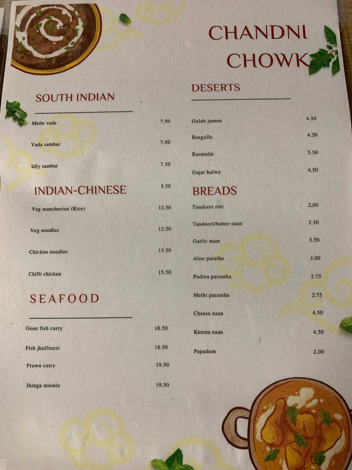 Menu at Chandni Chowk Indian Restaurant, Amsterdam