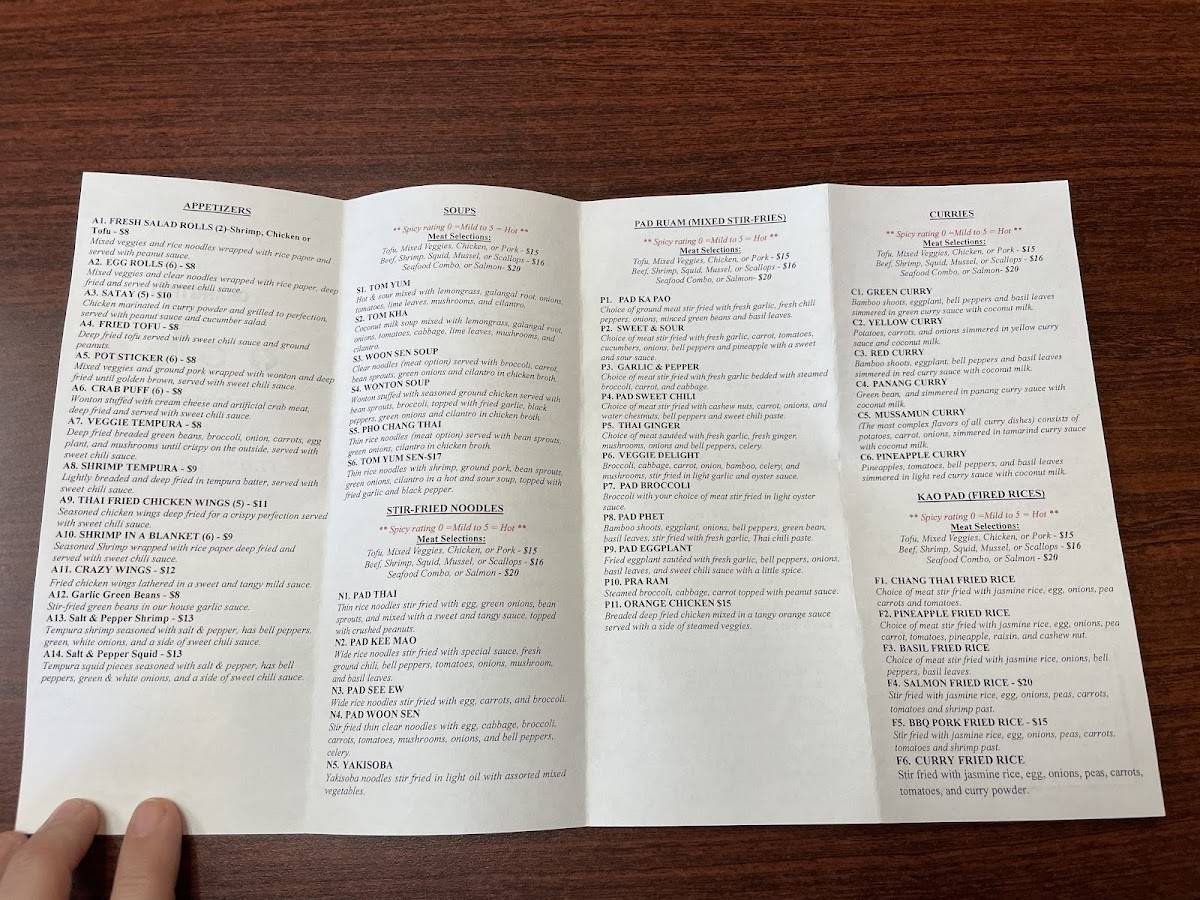 Menu at Chang Thai restaurant, Milwaukie