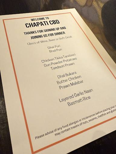 Menu at Chapati CBD restaurant, Melbourne