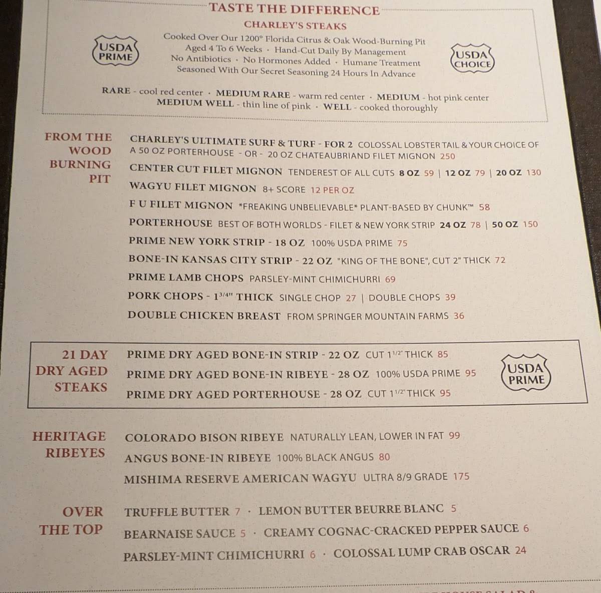 Menu at Charley's Steak House steakhouse, Tampa