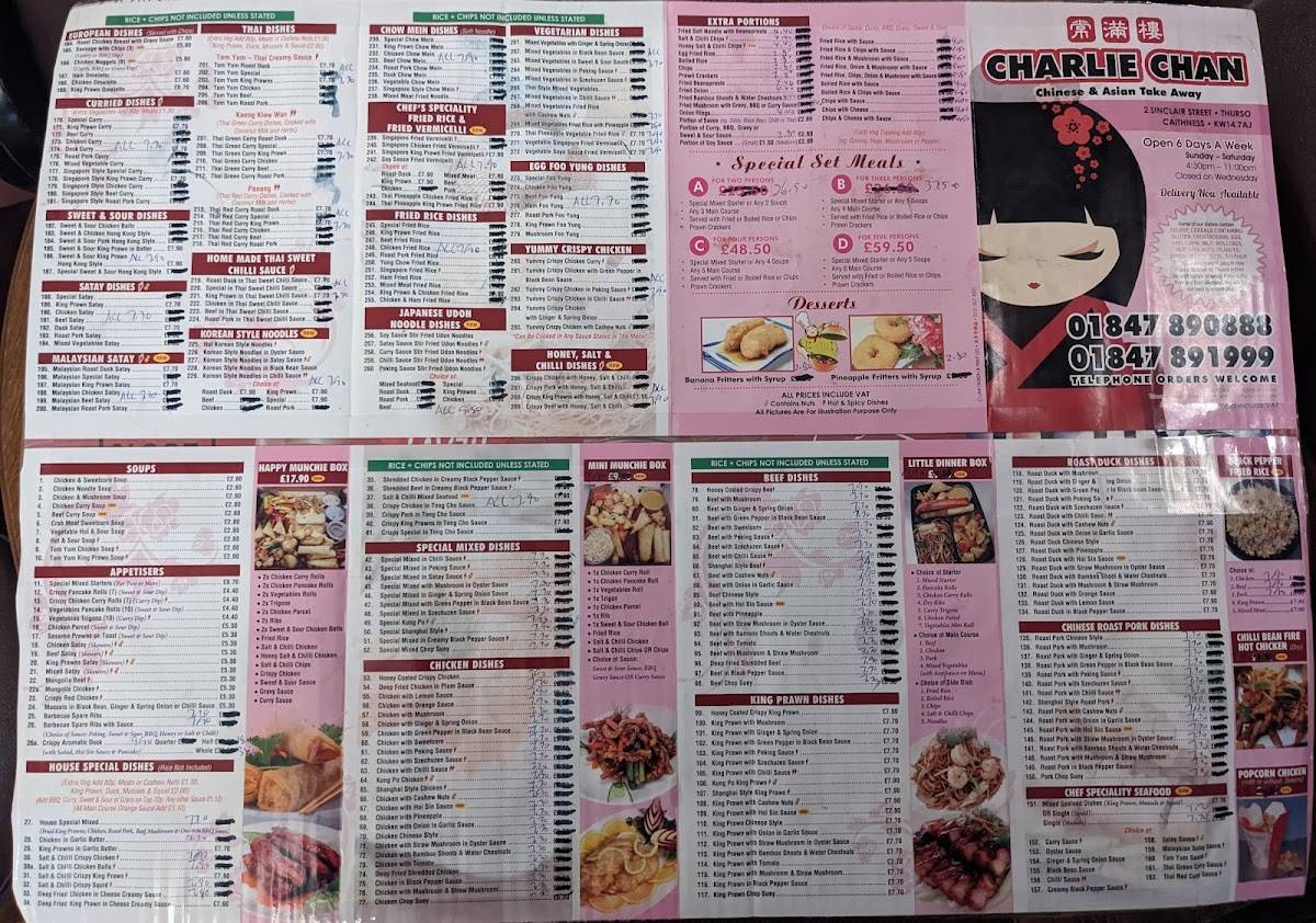Menu at Charlie Chan fast food, Thurso