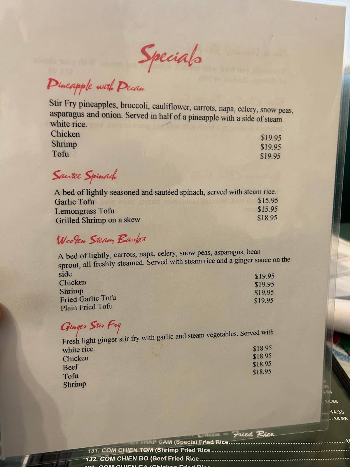 Menu at Lang Van restaurant, Charlotte