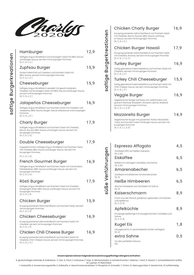 Speisekarte von Charlys 2020 - Gabrielle Neumann restaurant, Dinkelscherben