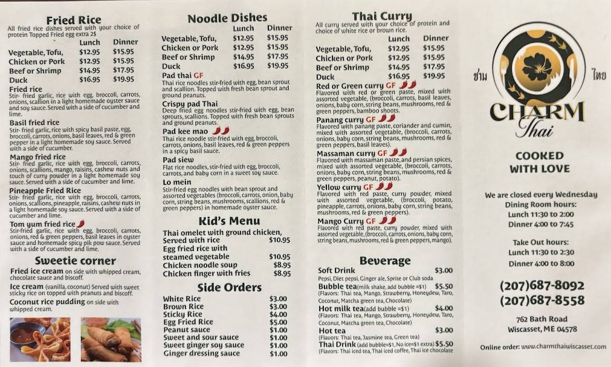 Menu at Charm Thai restaurant, Wiscasset