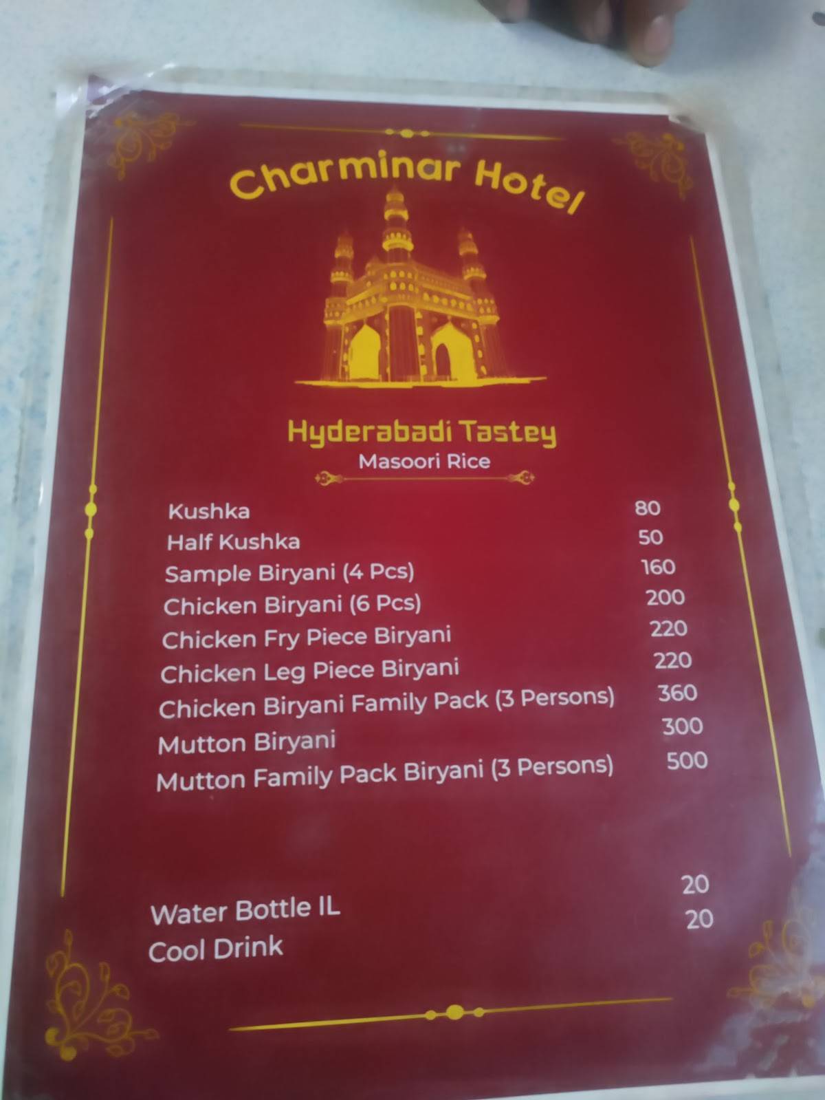 Menu at Charminar Hotel, Tirupati, Police Station
