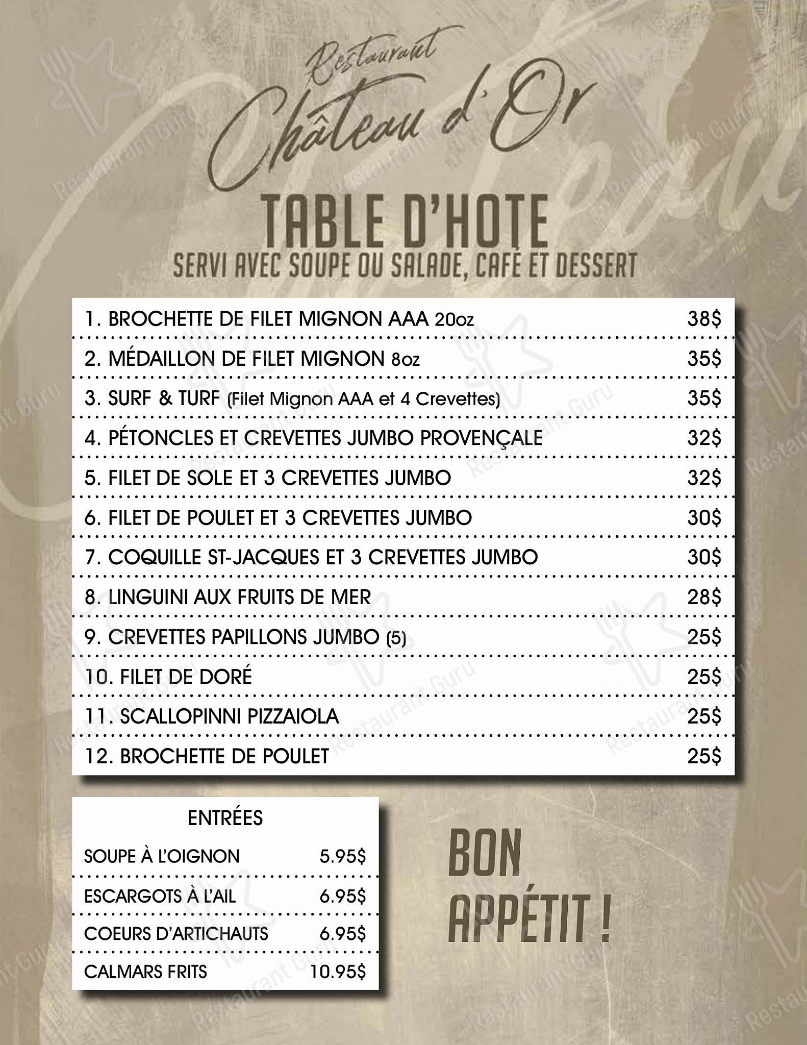 Menu at Château D'Or steakhouse, Boisbriand