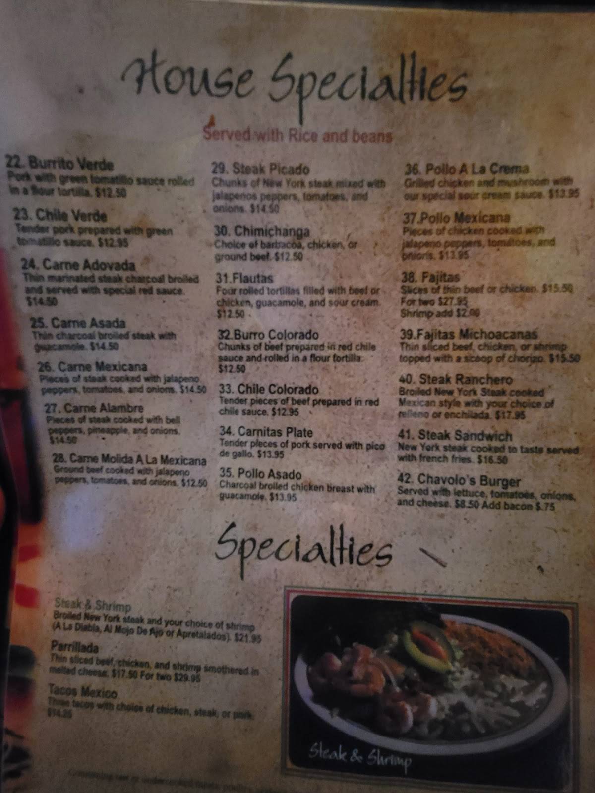 Menu at Chavolo's Mexican Restaurant, Mancos
