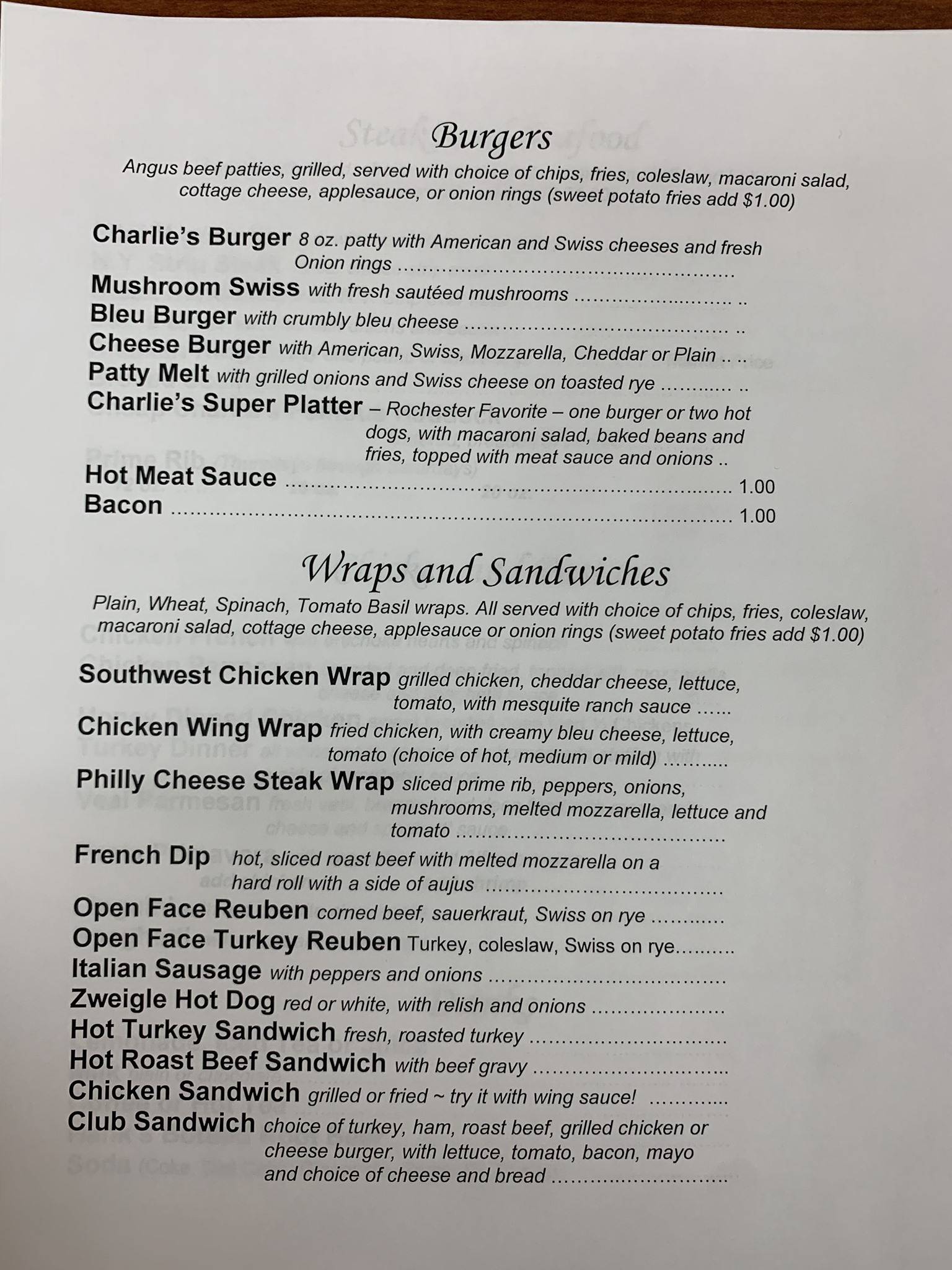 Menu at Cheap Charlie's Restaurant, Bloomfield