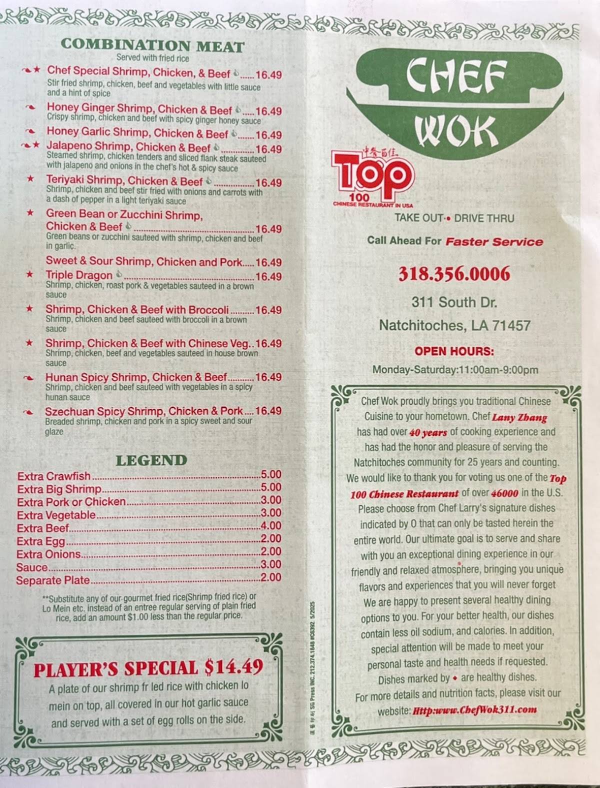 Menu at Chef Wok Restaurant, Natchitoches