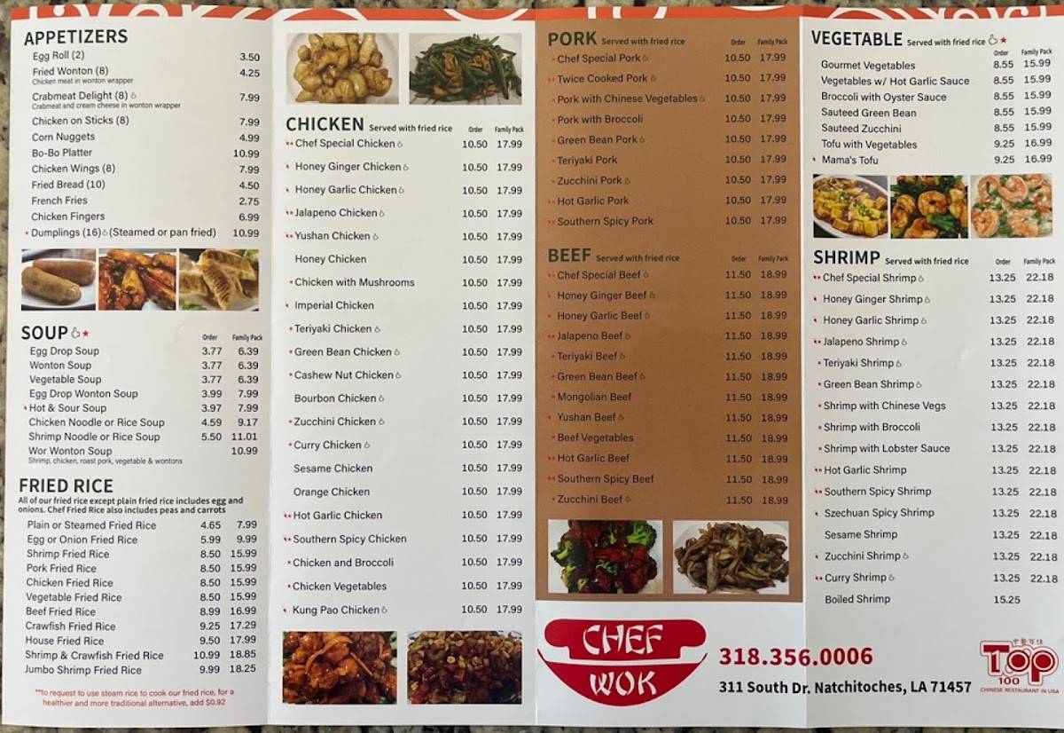 Carta de Chef Wok Restaurant, Natchitoches