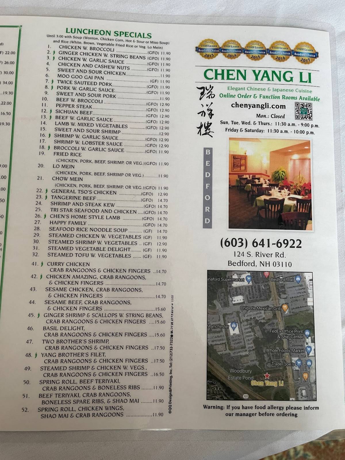 Menu at Chen Yang Li Restaurant, Bedford