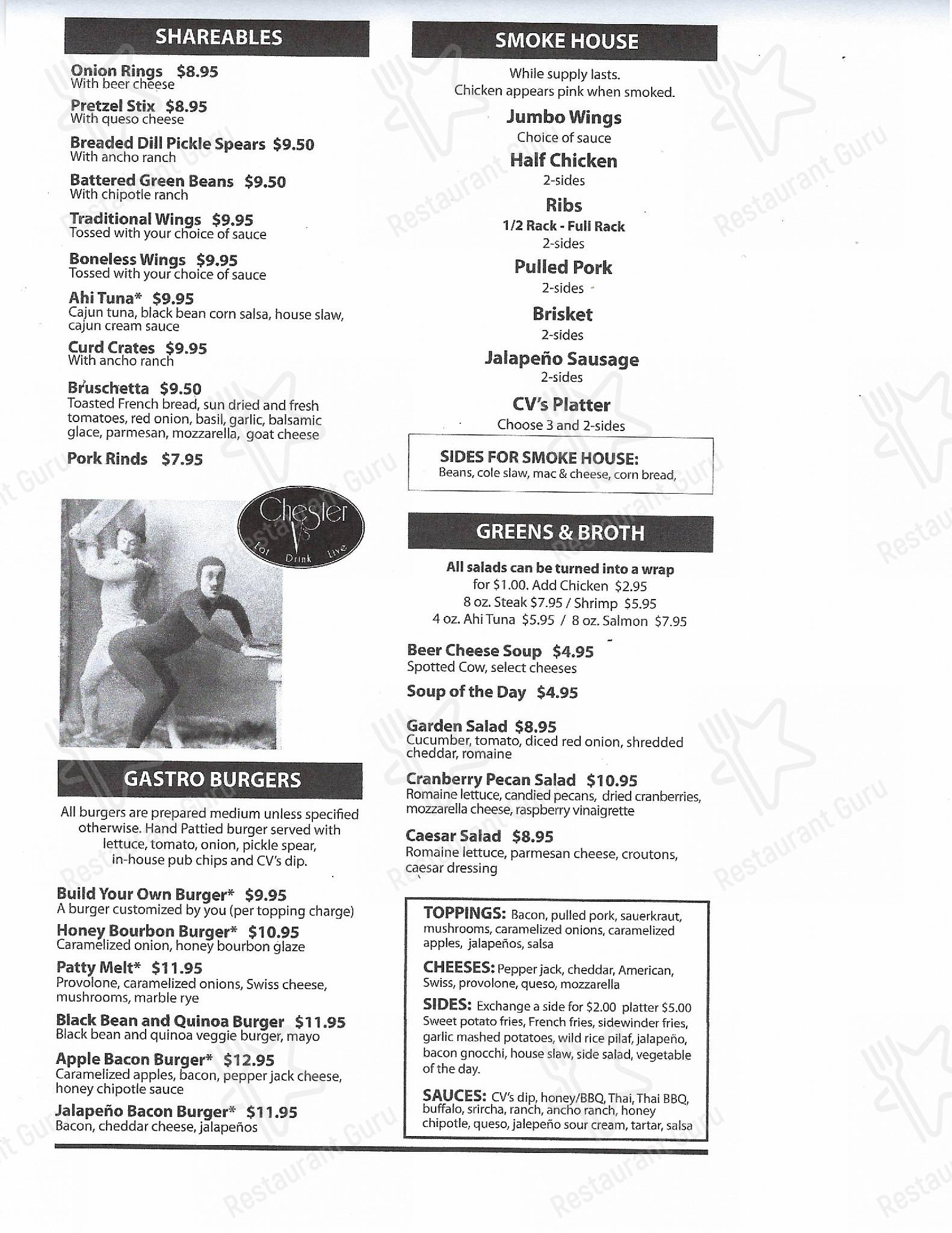 Menu at Chester V's restaurant, Oshkosh
