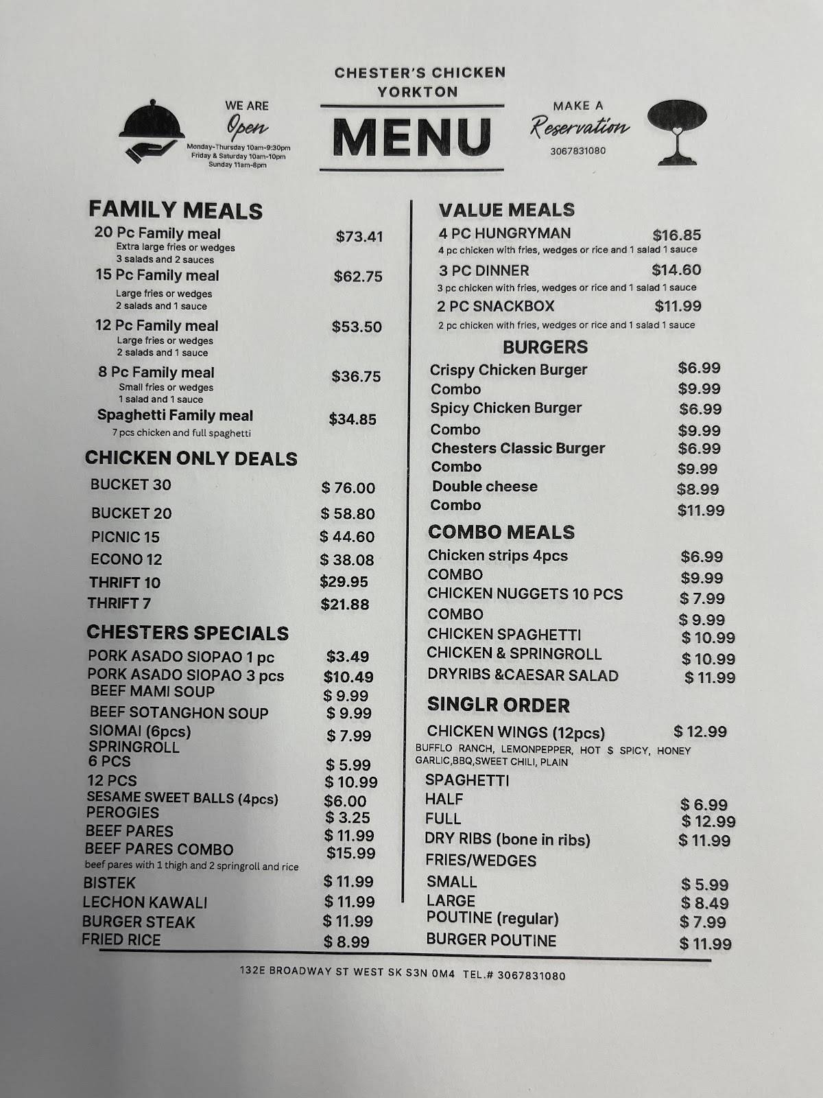 Menu at Chester's Chicken Yorkton restaurant, Yorkton