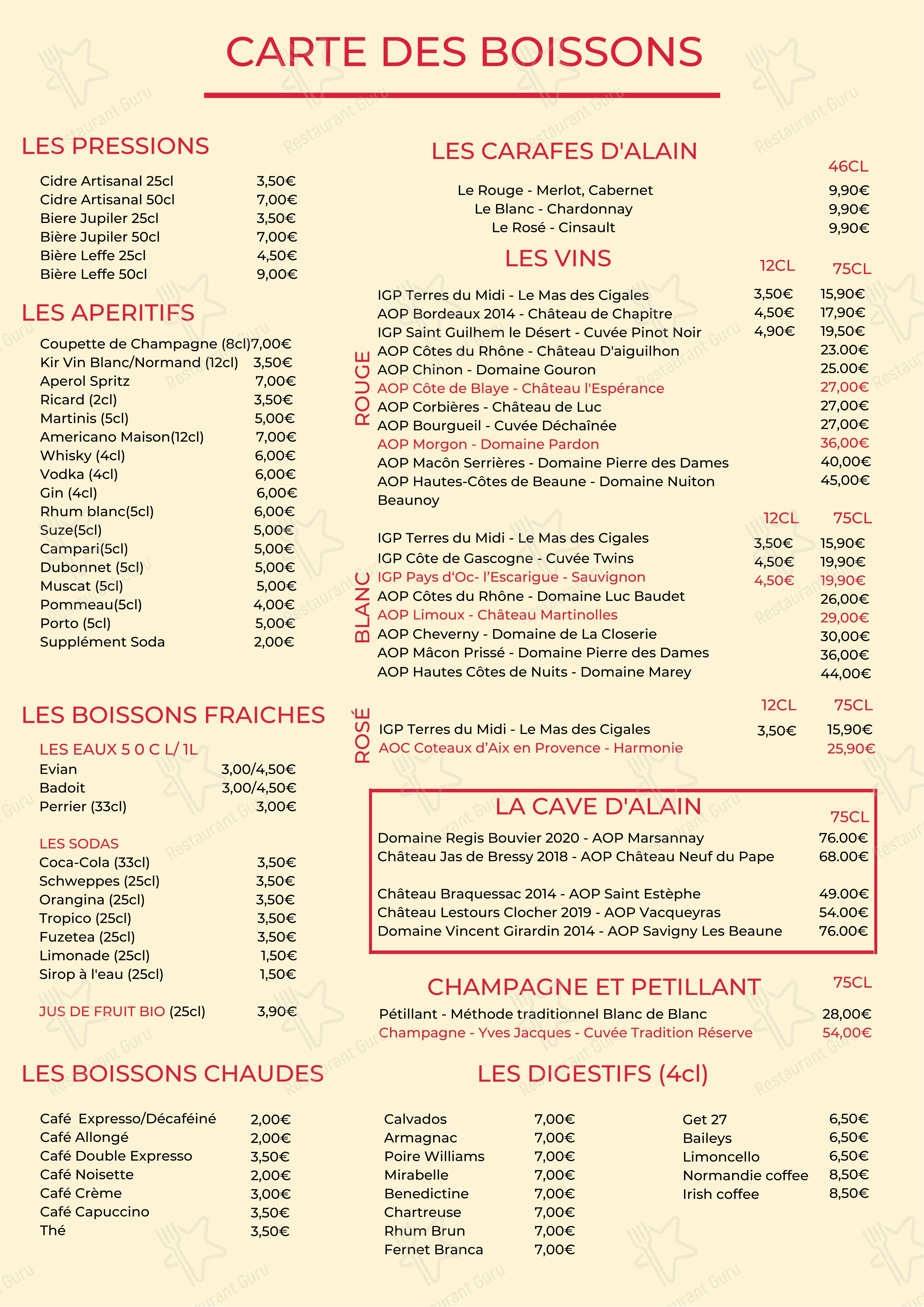 Menu au Chez Alain restaurant, Lisieux