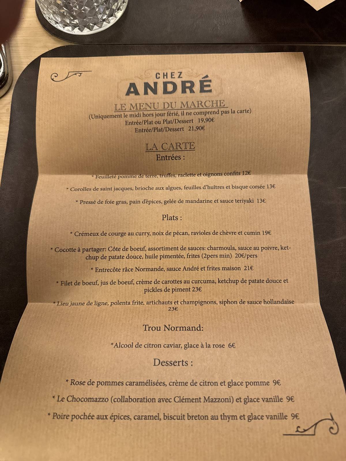 Menu au Chez André restaurant, Le Havre