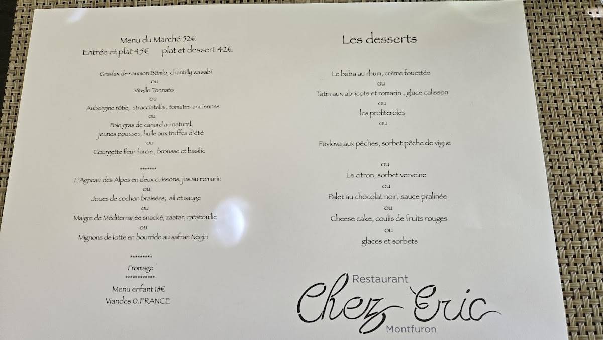 Menu au Chez Eric restaurant, Montfuron