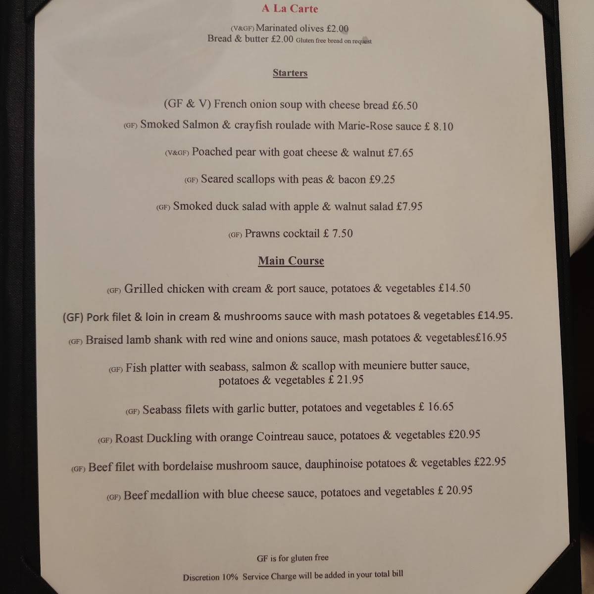 Menu at Chez Jerome restaurant, Dunstable