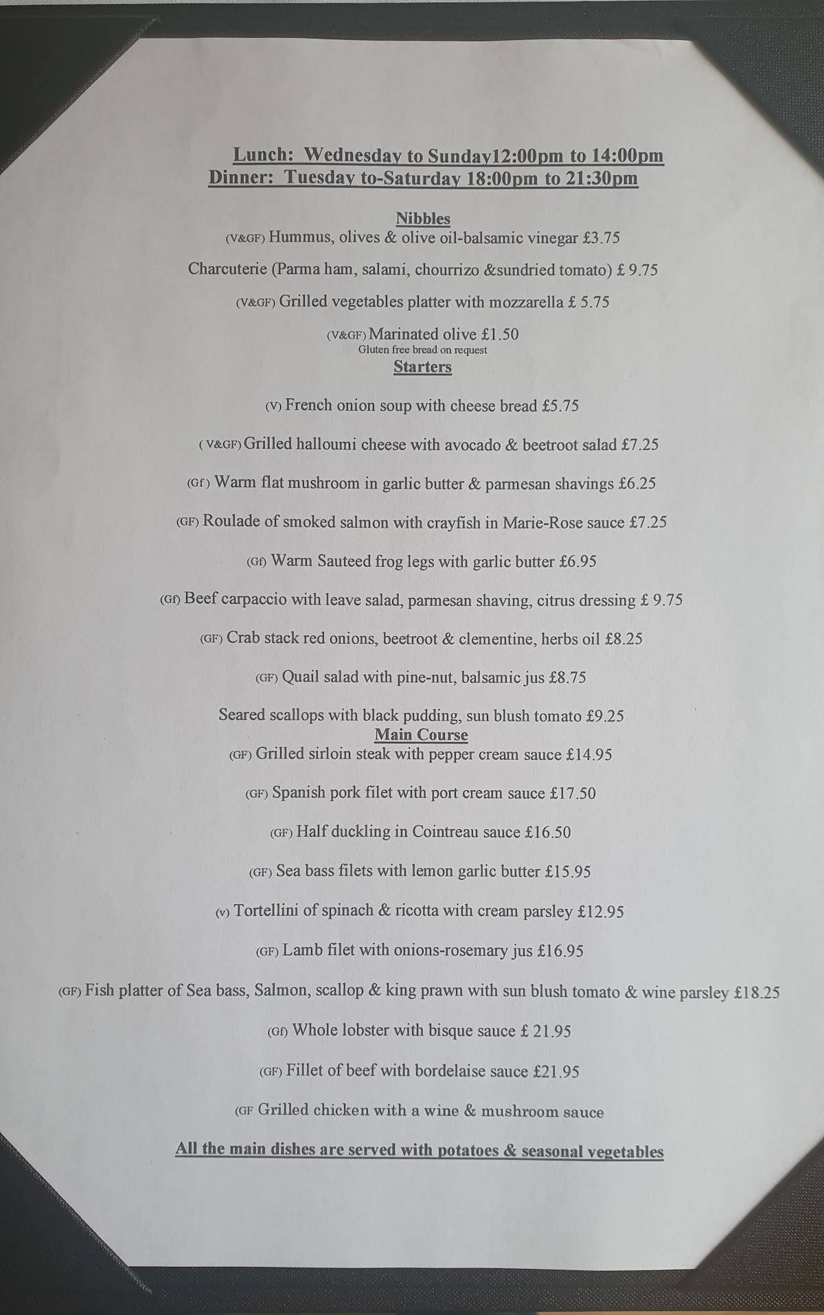 Menu at Chez Jerome restaurant, Dunstable