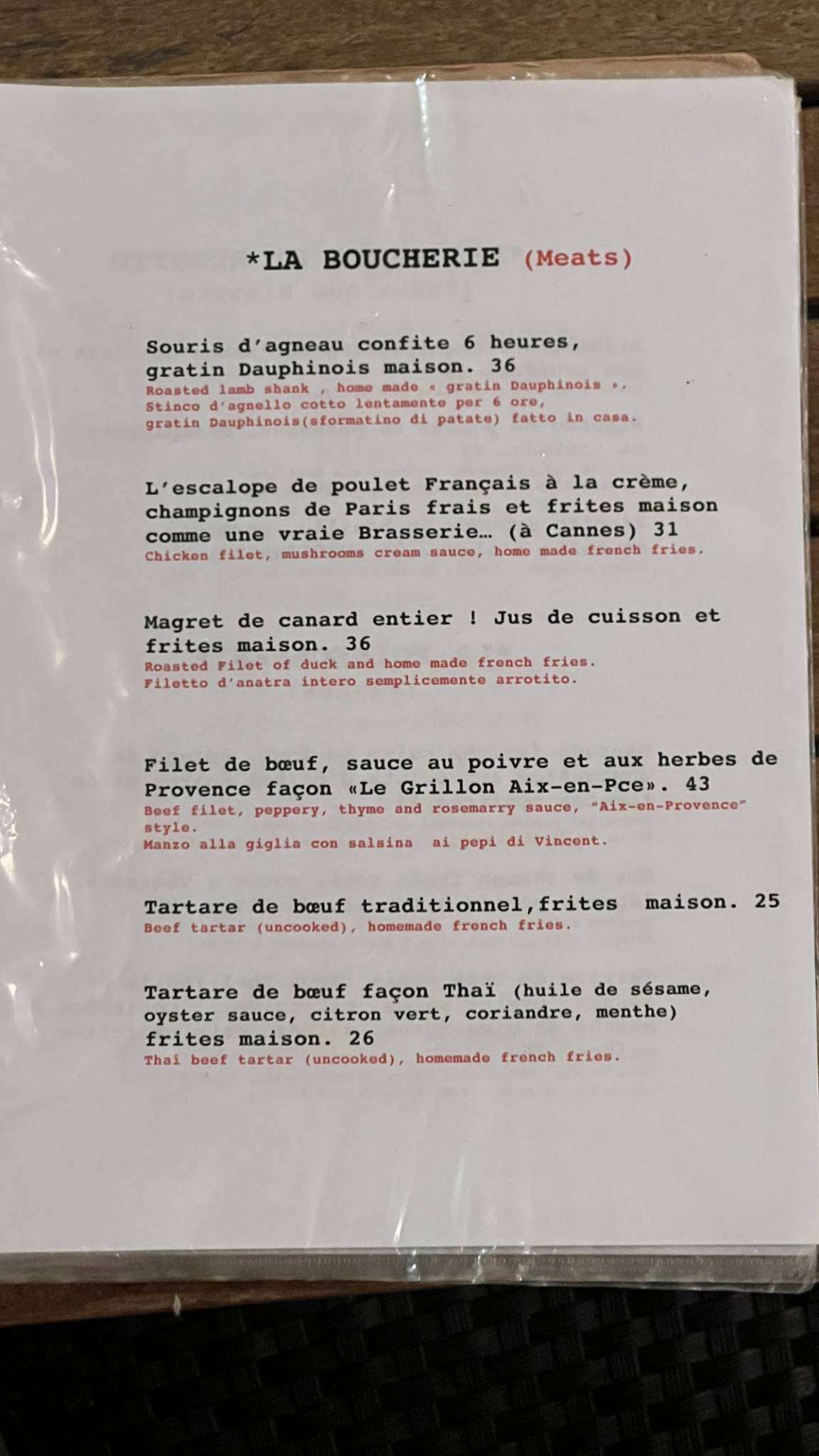 Menu au Chez Vincent et Nicolas restaurant, Cannes