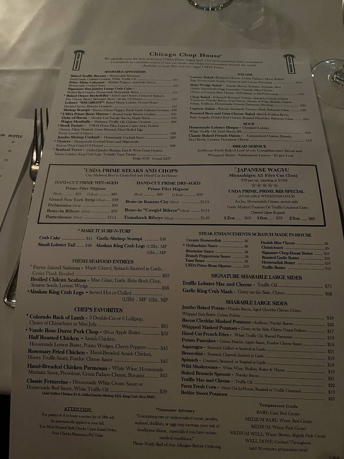 Menu at Chicago Chop House pub & bar, Chicago