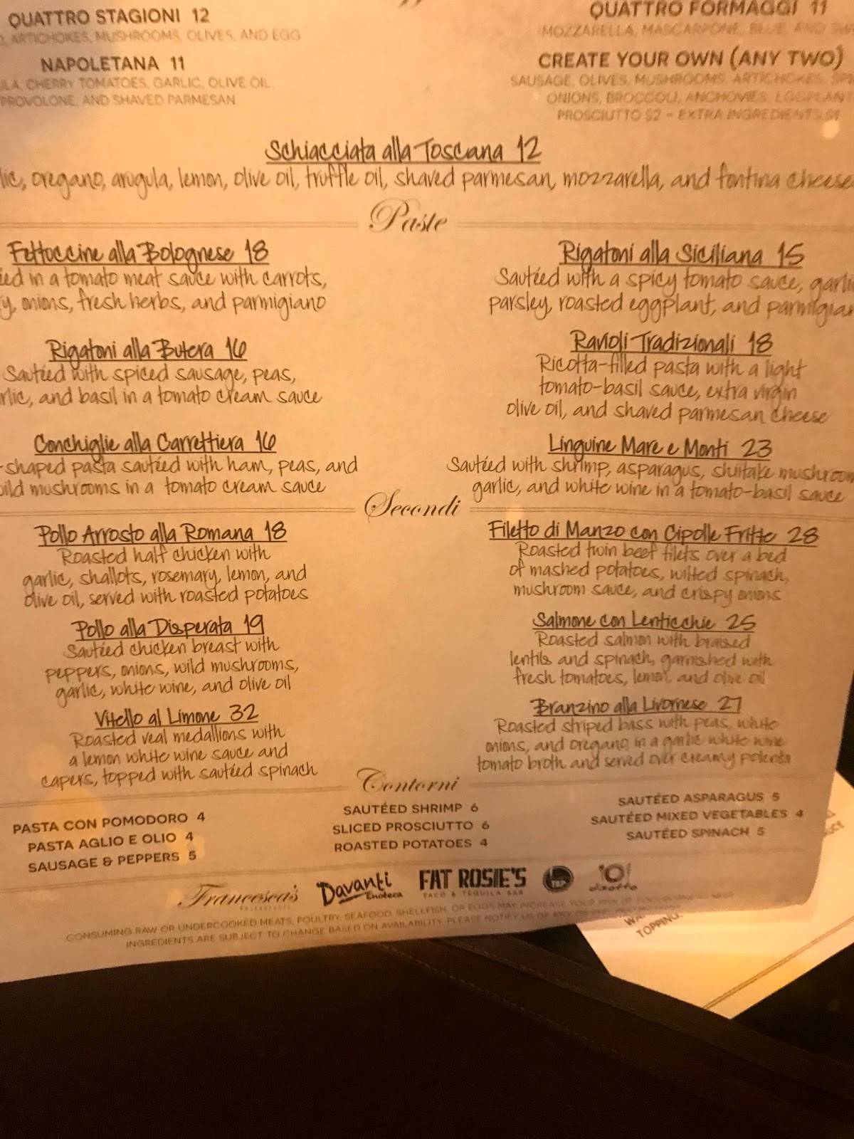 Menu at Francesca's on 95th restaurant, Oak Lawn, 95th St