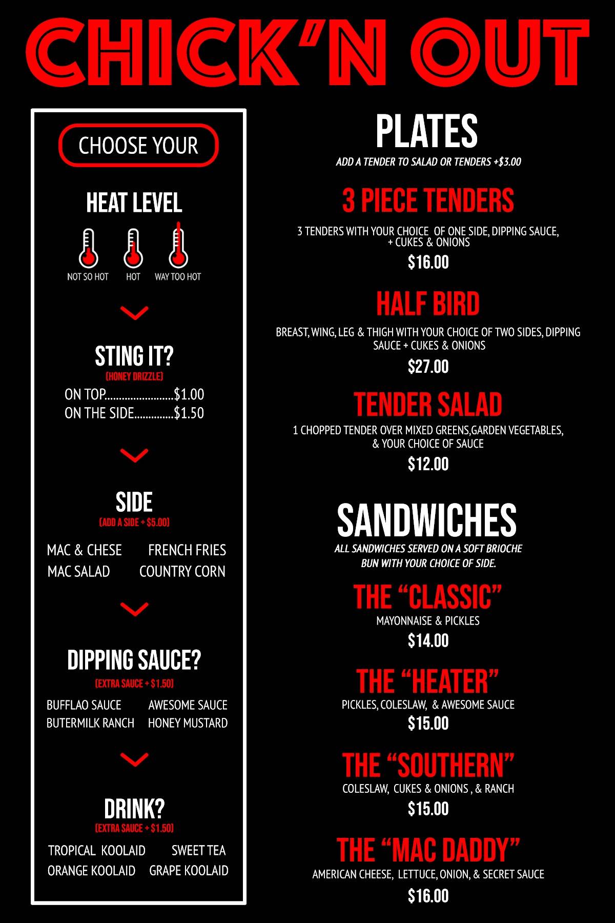 Menu at Chick’n Out restaurant, Rochester