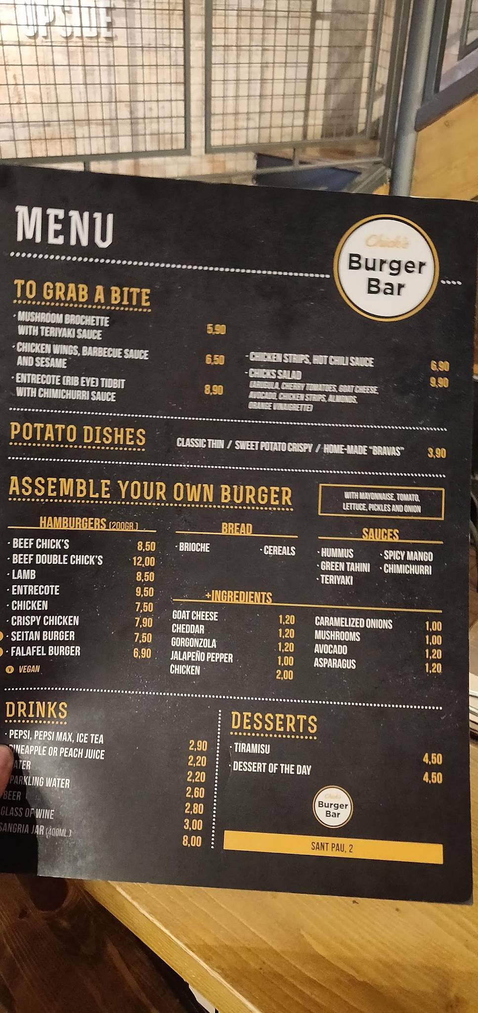 Carta de Chick's Burger Bar, Barcelona